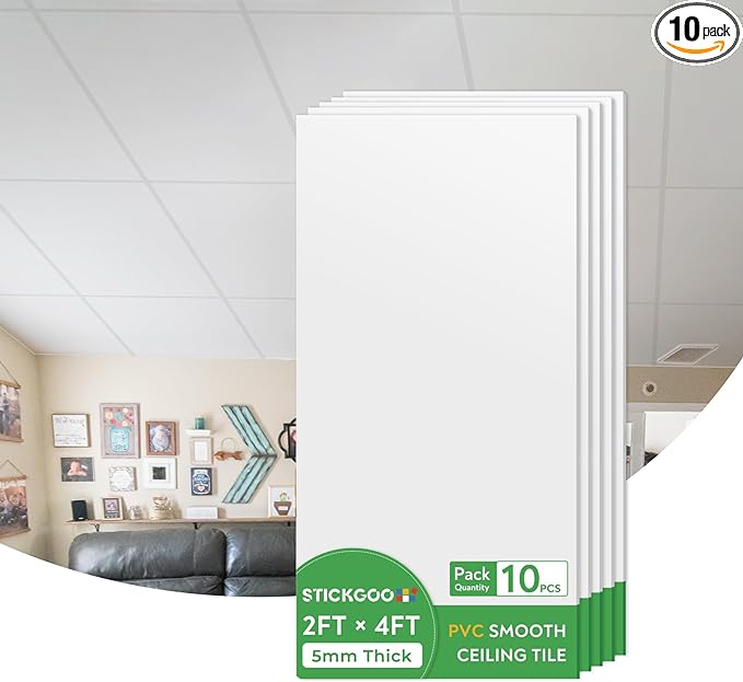 STICKGOO White Drop Ceiling Tiles 2ft x 4ft Waterproof PVC Ceiling Panels