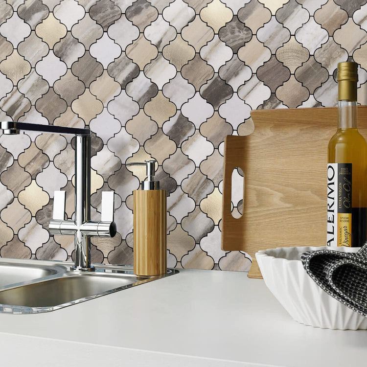 STICKGOO PVC Wall Tiles Arabesque Marble Peel and Stick Metal Backsplash