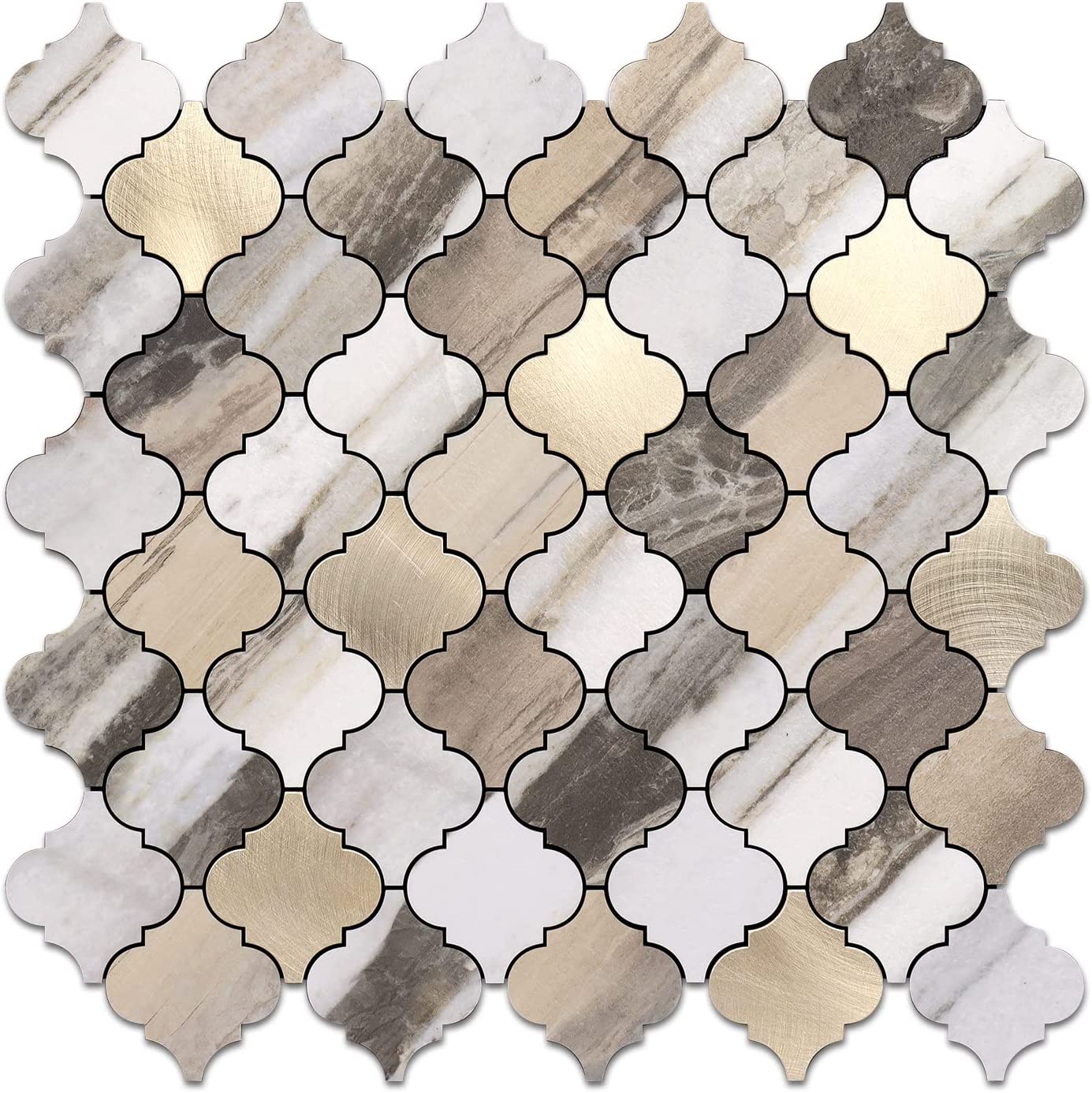 STICKGOO PVC Wall Tiles Arabesque Marble Peel and Stick Metal Backsplash
